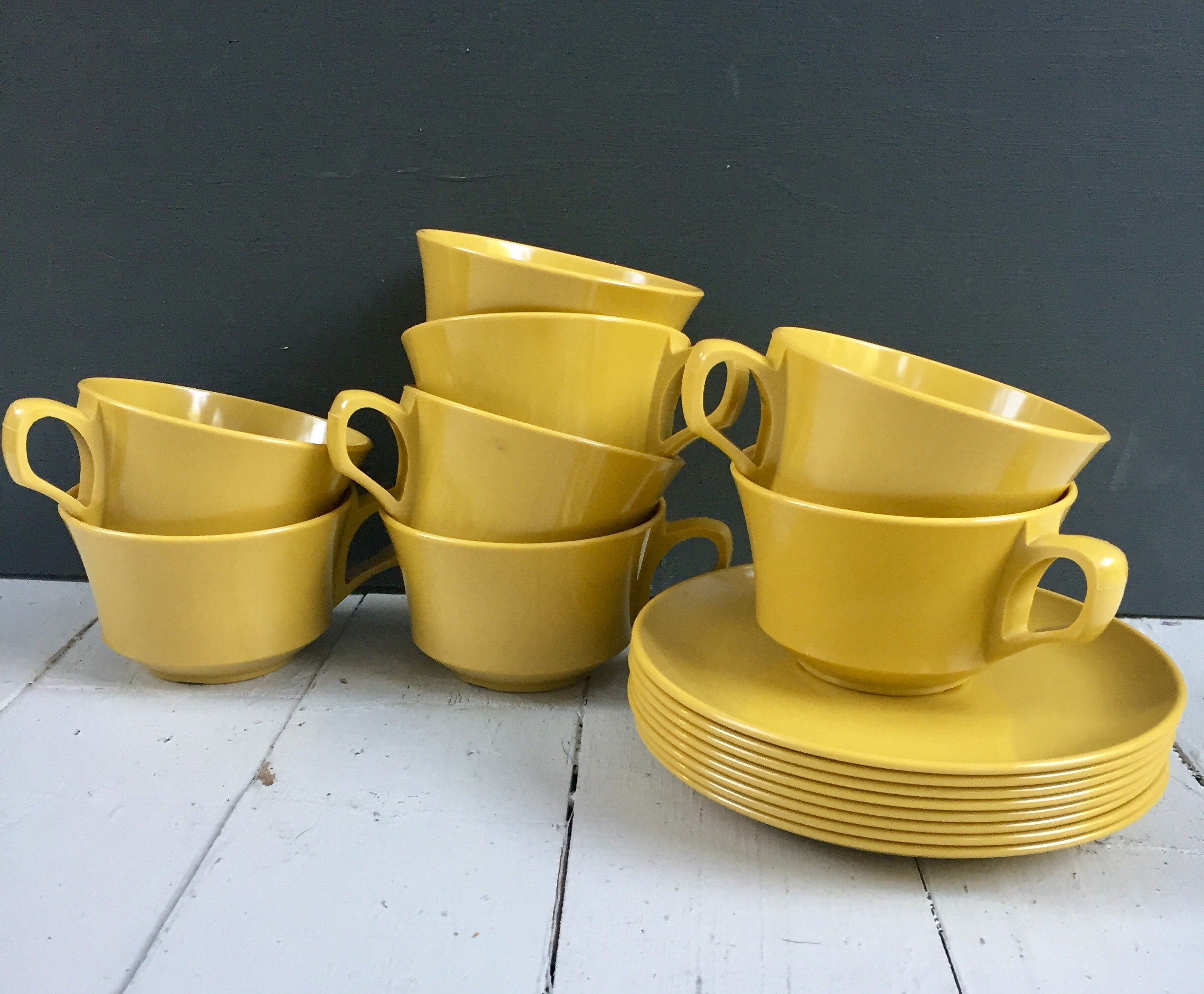 Vintage Melamine Cups and Saucer Set of Eight, Mustard Melamine Cups ...
