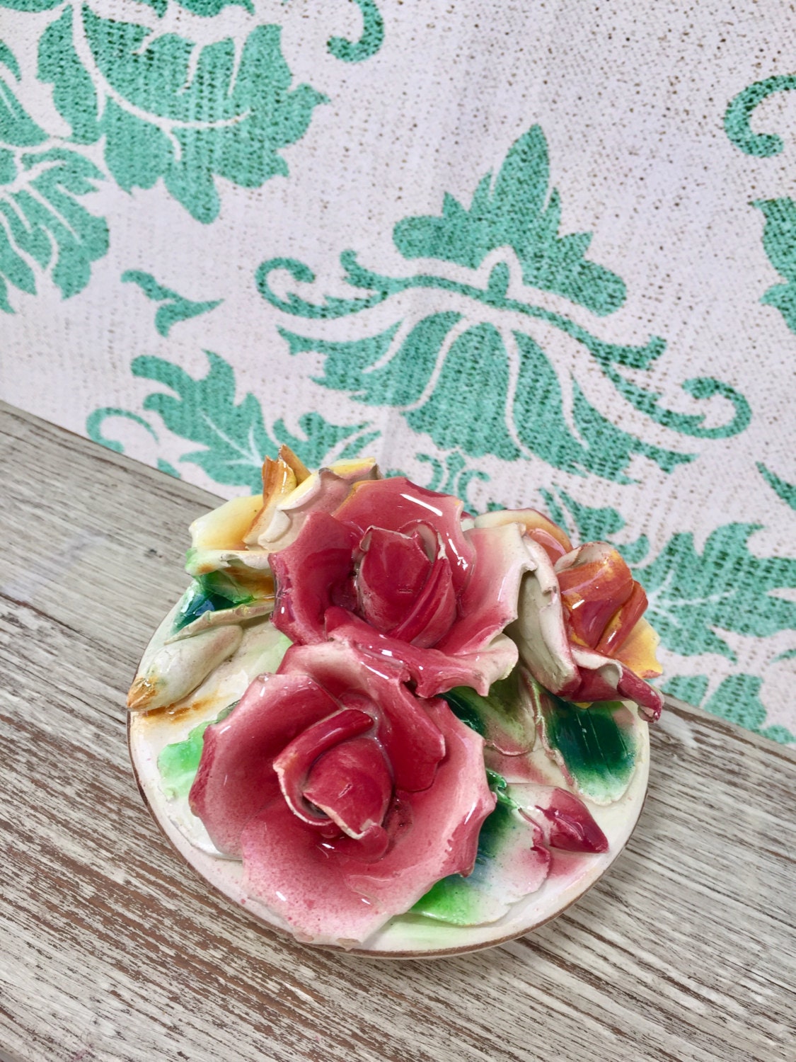 Vintage 1940s Capodimonte Dish, Vanity Display, Red and Yellow Rose ...