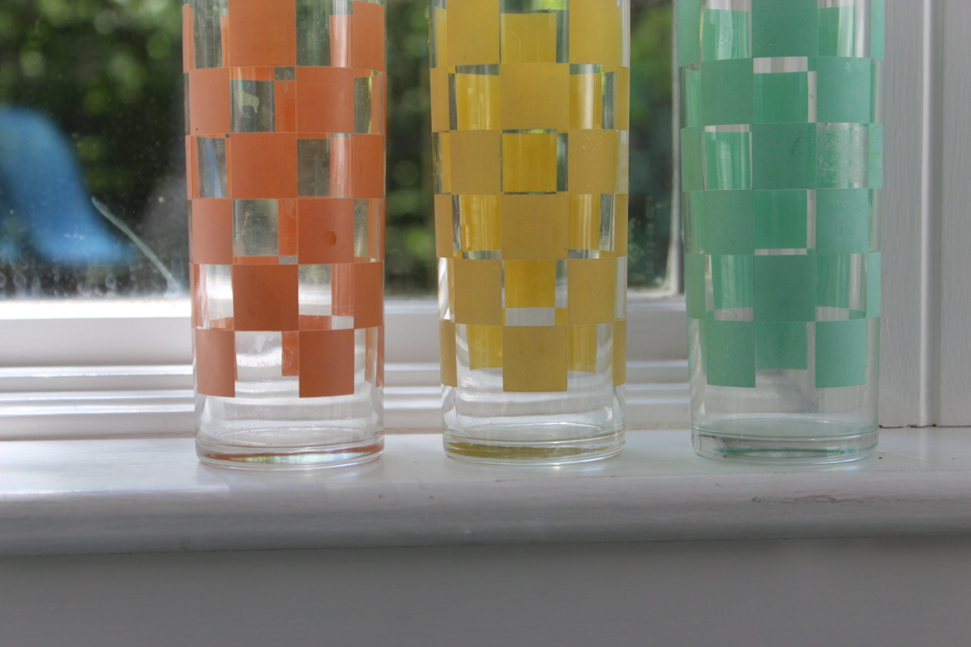 Vintage Drinking Glasses Set Of Three Checkerboard Drinking Glasses Pastel Drinking Glass