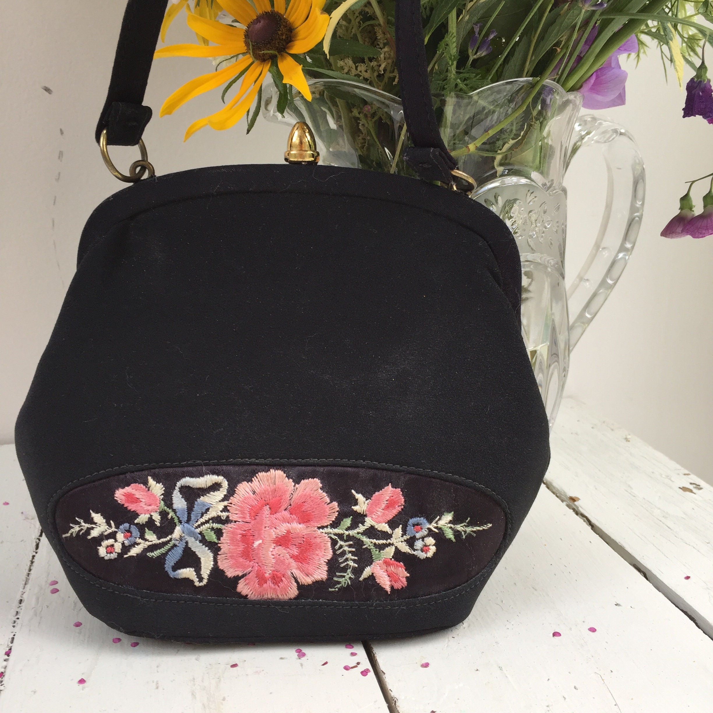 Vintage Black Floral Embroidered Purse, Vintage Rose Embroidered Purse ...