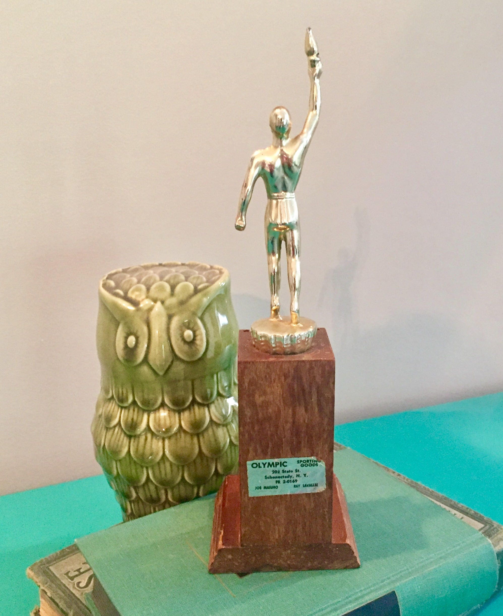 Vintage Brass Trophy, Mid Century Trophy, Olympic Torch Trophy, Wooden ...