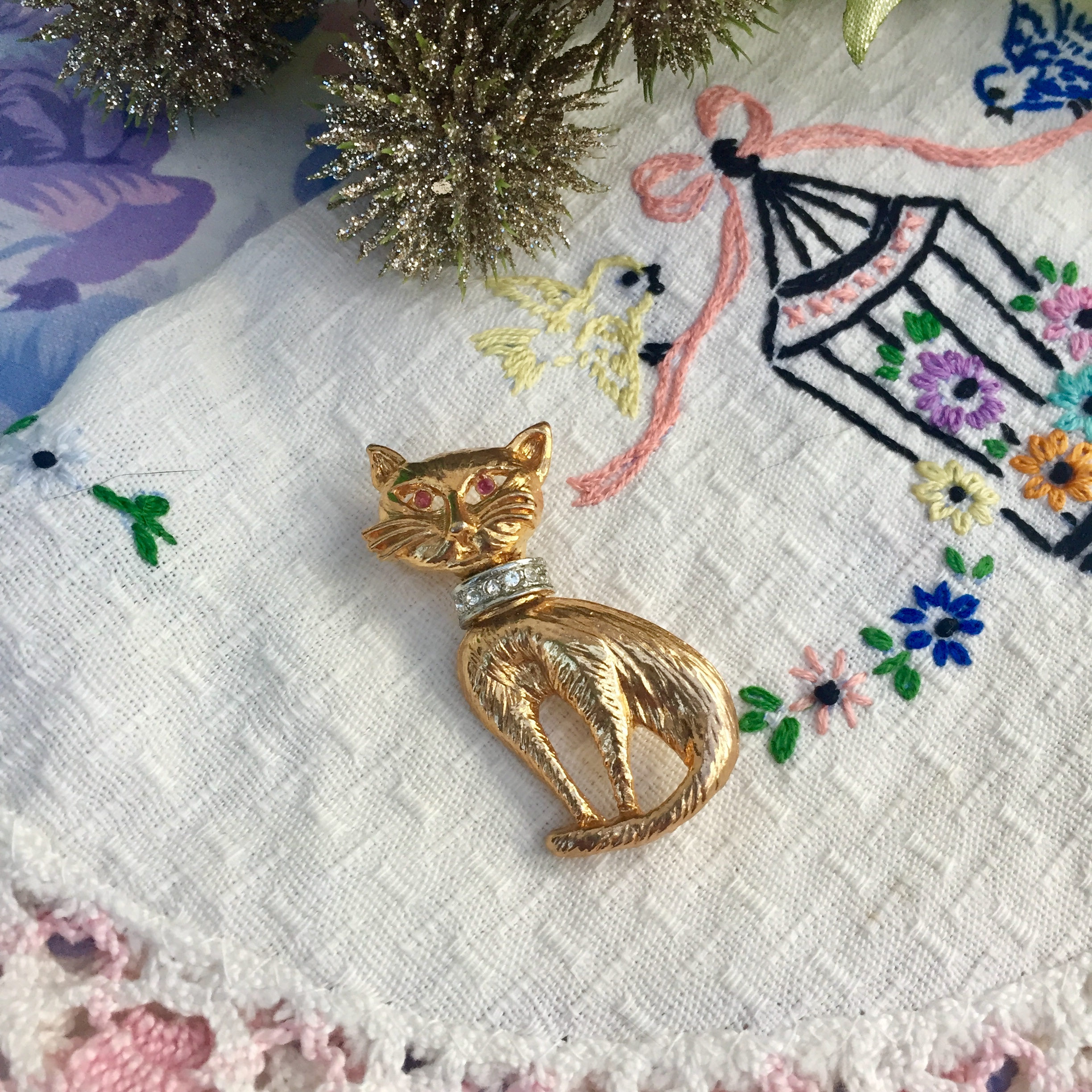 Vintage Cat Brooch, Vintage Cat Pin, Mid Century Cat Brooch, Jeweled ...