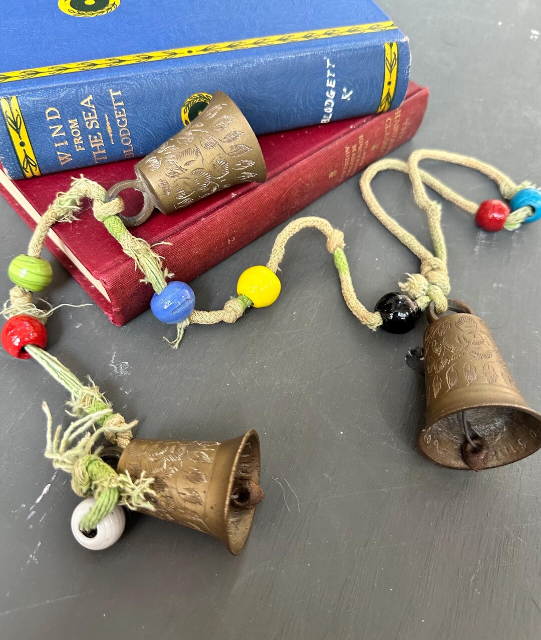 Vintage Brass Bells Set of Three on Beaded String Leaves Etched Bells ...