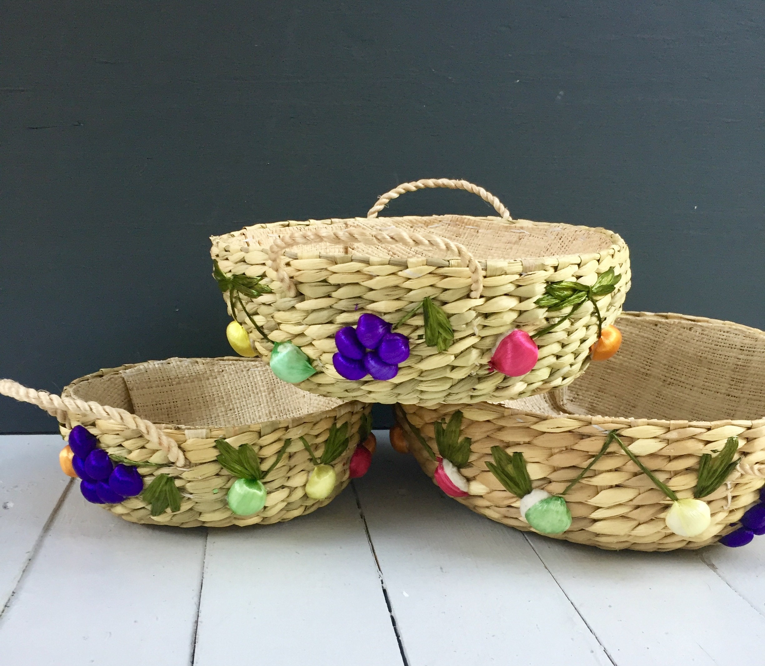 Vintage Woven Nesting Baskets, Set of Three, Vintage Raffia Baskets ...