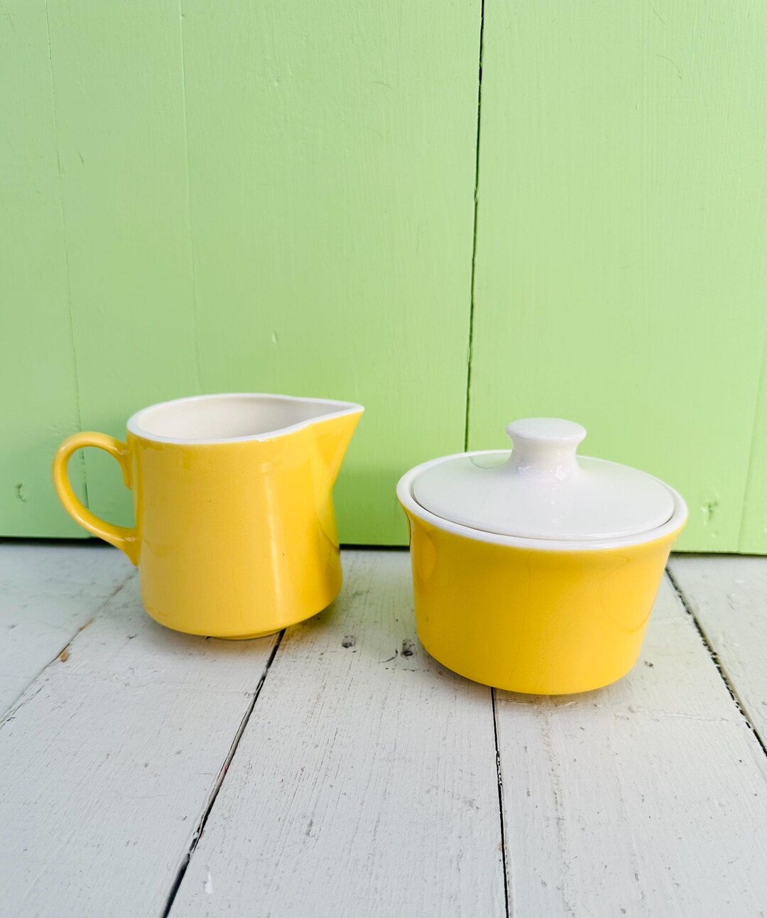 Vintage USA Yellow and White Creamer and Sugar Set MCM Sugar Creamer ...