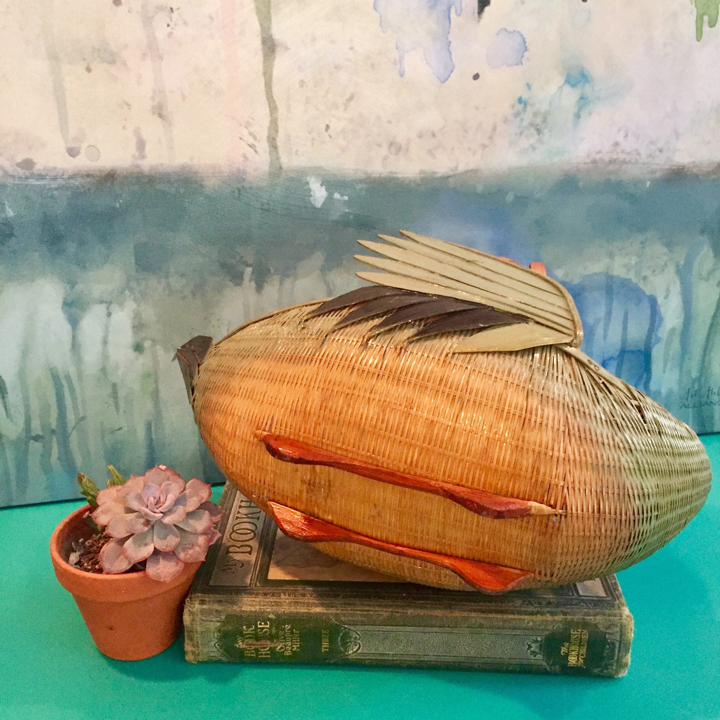 Vintage Wicker Bird Basket, Hand-painted Wicker Bird Basket, Boho Chic ...