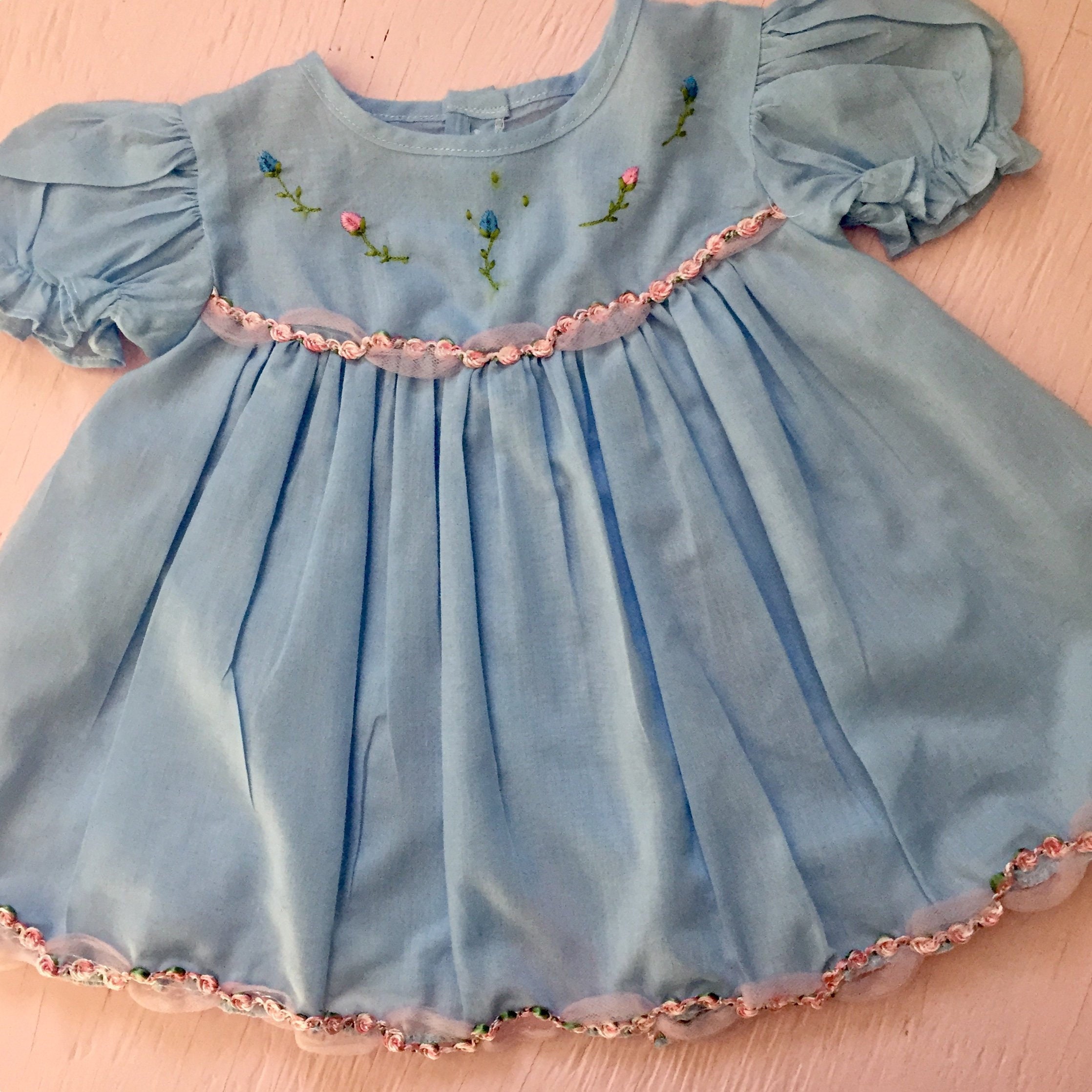Vintage Blue Flower Embroidered Baby Dress, Size 3 to 6 months, Vintage ...