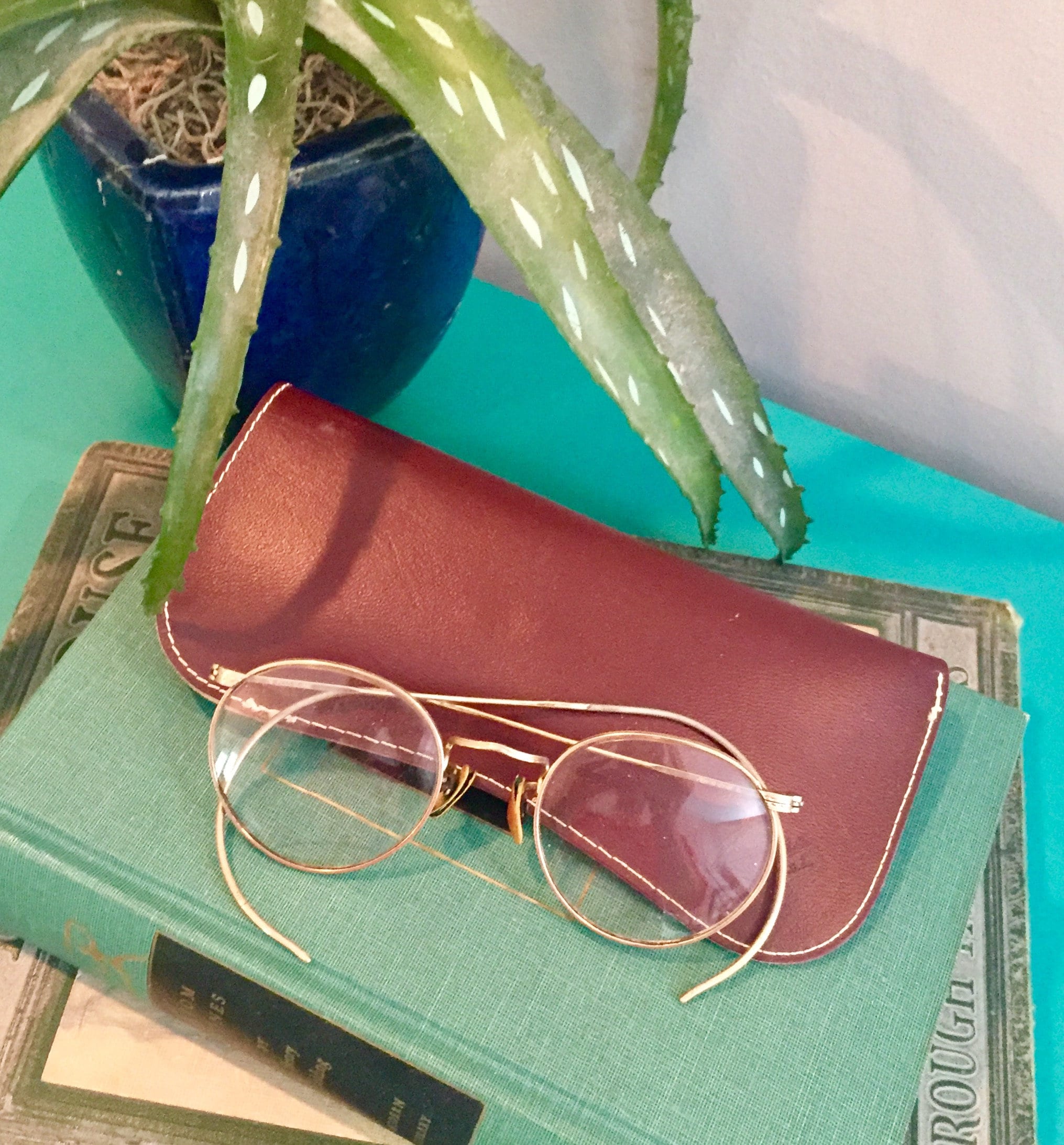 Vintage Gold Wire Rimmed Eyeglasses with Leather Case, Vintage Display ...