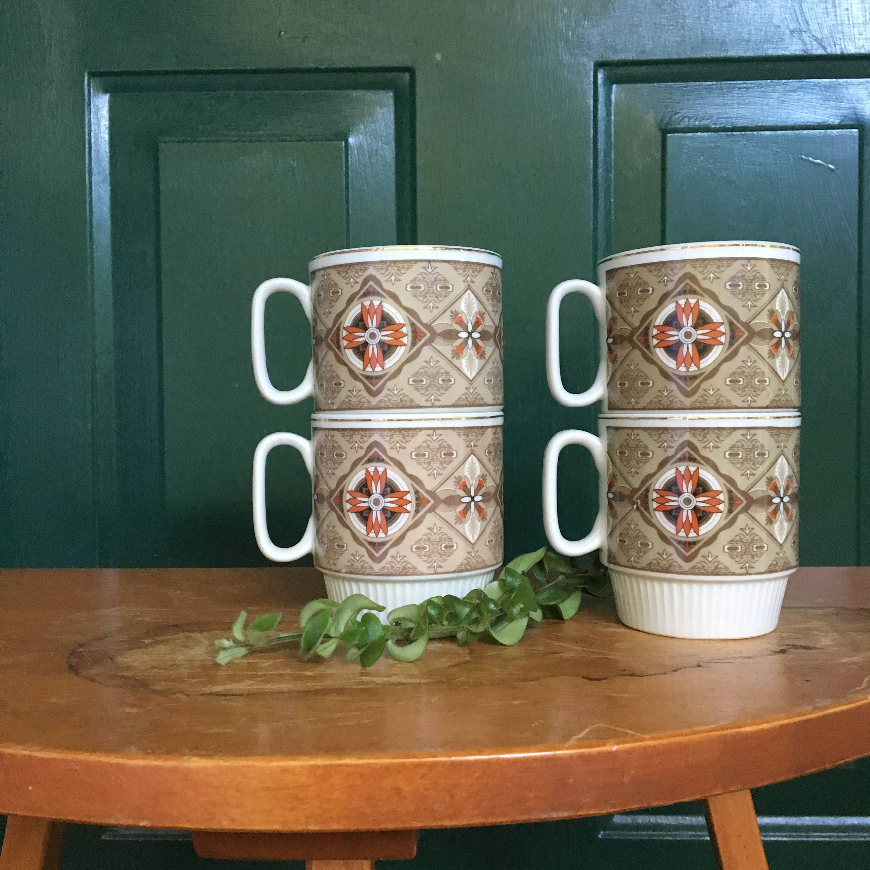 Vintage Mod Stacking Coffee Cups, Set of Four, Orange and Brown Coffee ...