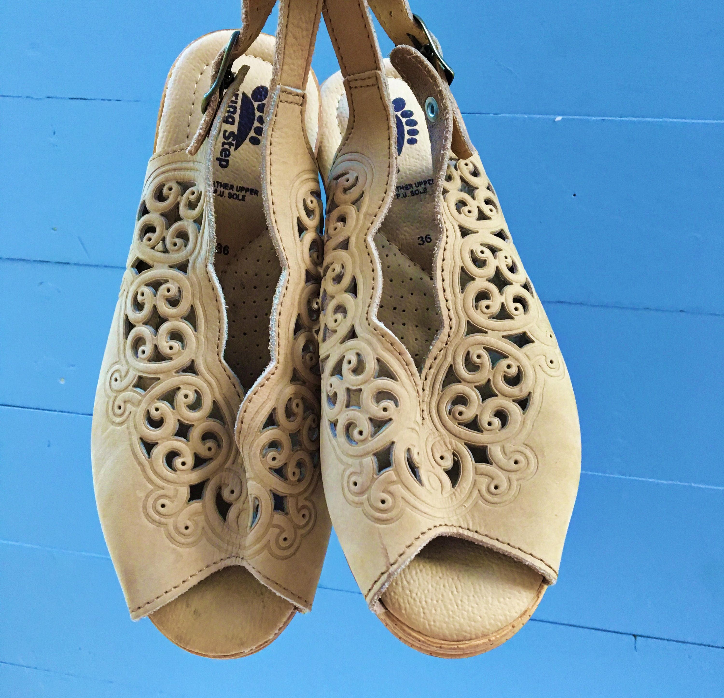 Vintage Cork Wedge Open Toe Tan Suede Shoes, Women's Size 5, Vintage ...