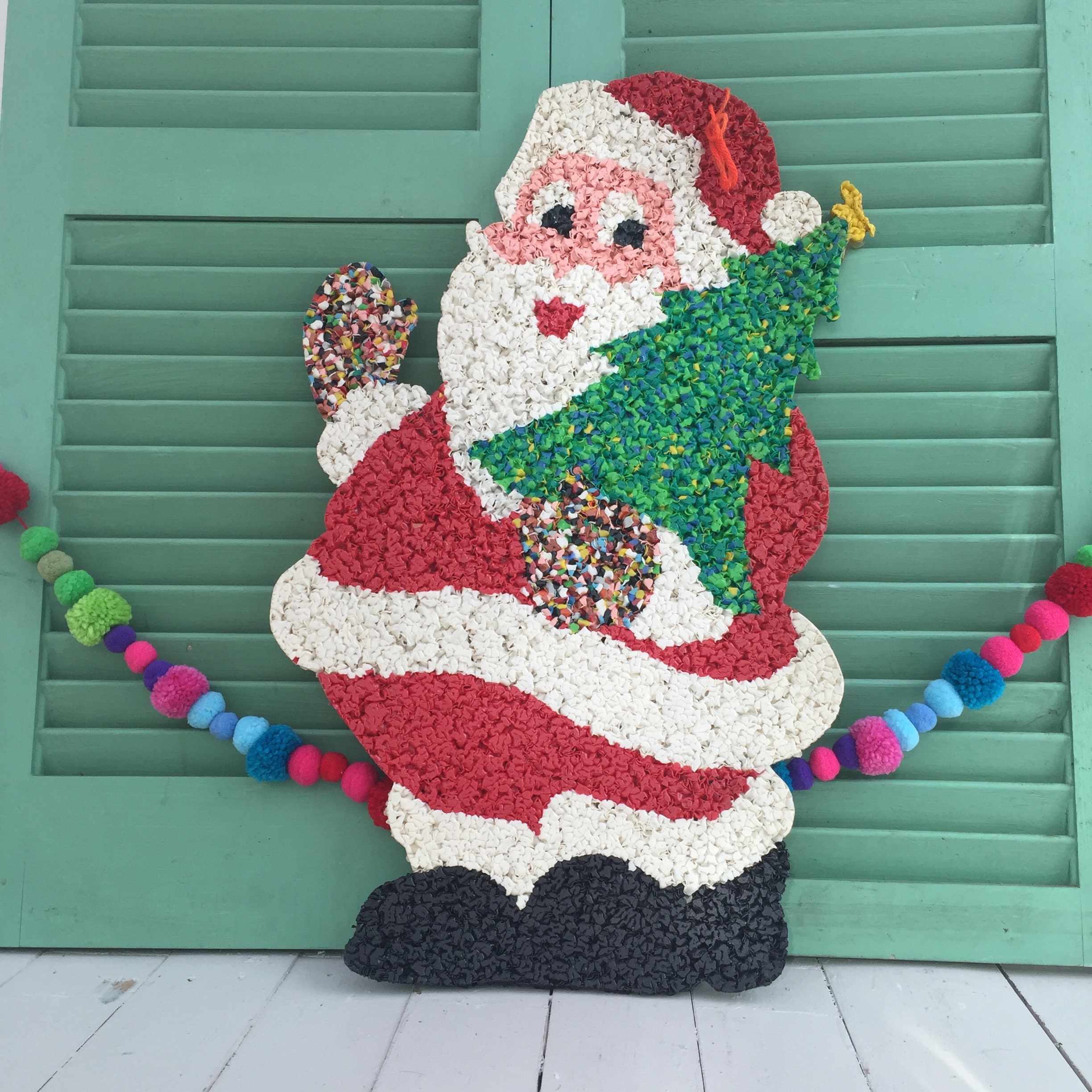 Vintage 1970s Melted Popcorn Santa Wall Hanging, Large Vintage Melted ...
