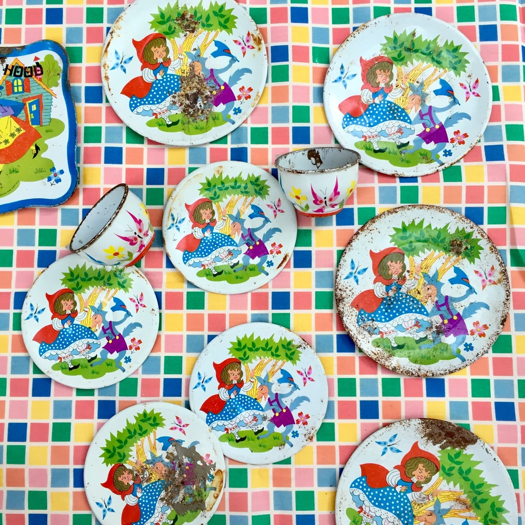 Vintage Tin Litho Little Red Riding Hood Tea Set, Vintage Little Red ...