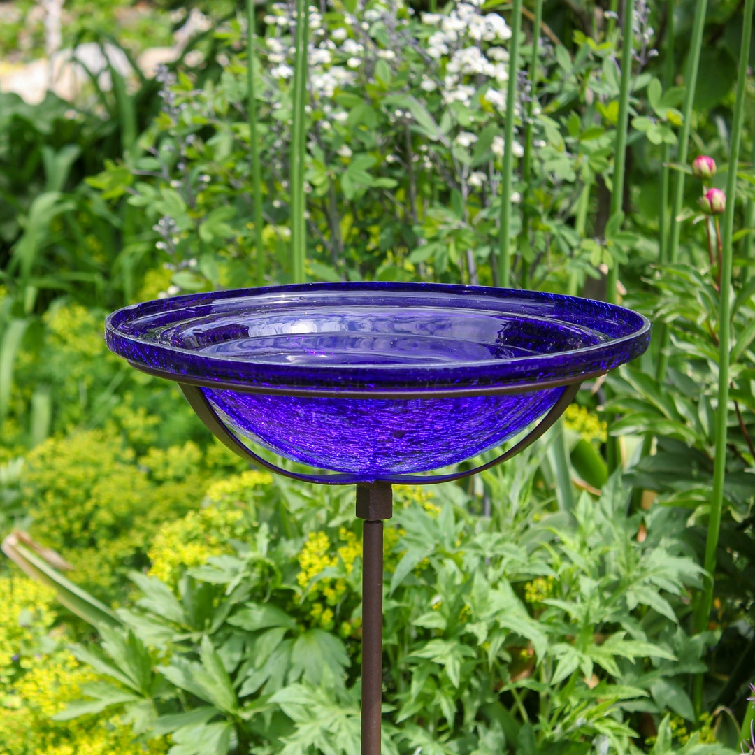 12" Cobalt Blue Crackle Glass Birdbath With Garden Stake - Etsy
