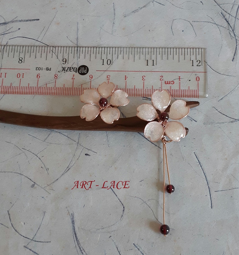 Cherry Blossom Hair Stick, Wooden, Dangling Genuine Garnet, Sakura Bun ...