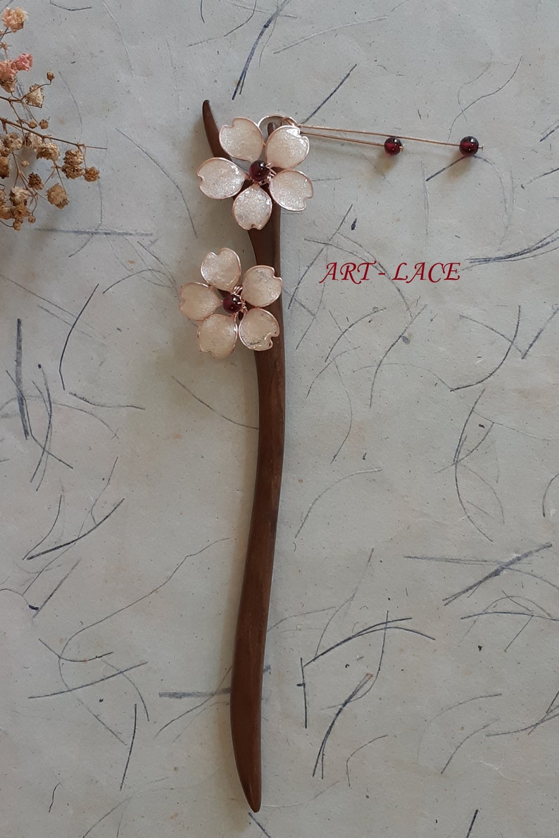 Cherry Blossom Hair Stick, Wooden, Dangling Genuine Garnet, Sakura Bun ...