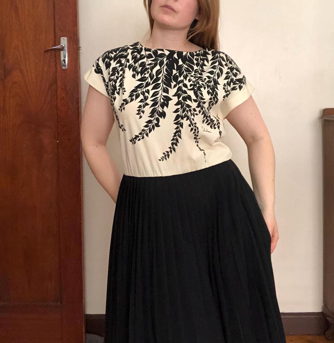 1970s Alfred Shaheen Black and Cream Floral Dress / Pleat Skirt Cascade ...