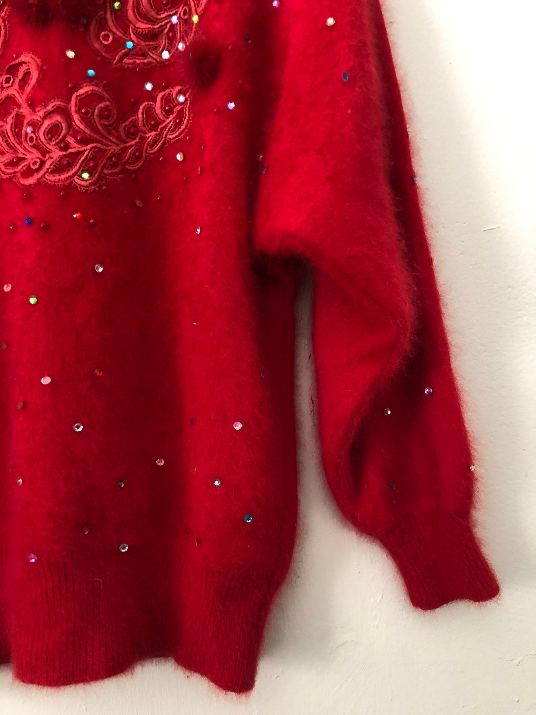 80s Angora Fluffy Red Jumper Pom Pom Sparkle Rainbow Rhinestone Medium ...