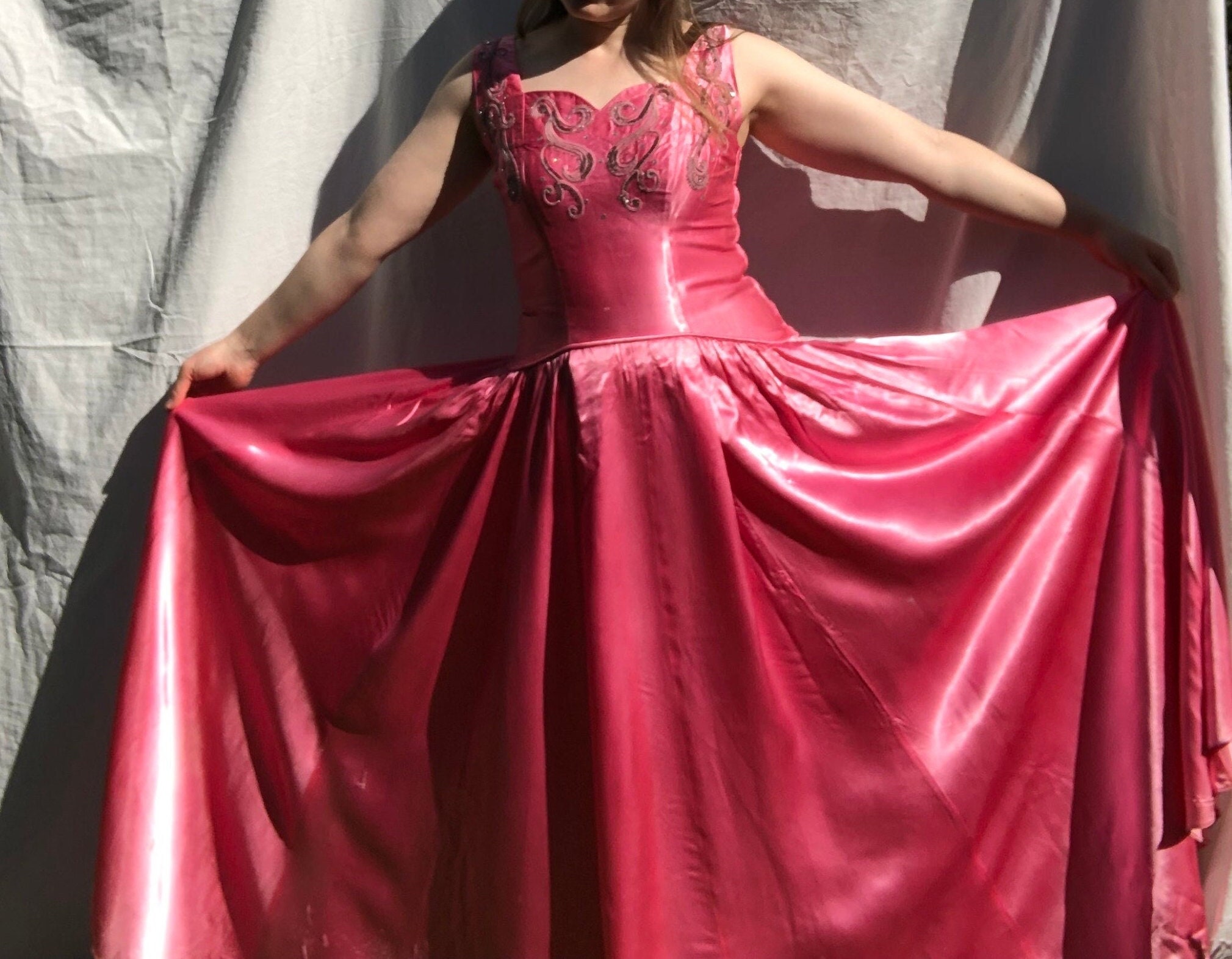 1930s Pink Satin Silk Ball Gown Beaded Opulent Dressy Long Floor Length ...