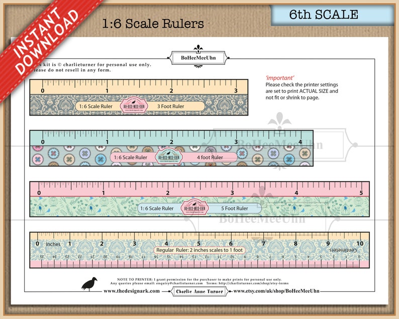 1/6th Scale Pretty Rulers. Different Styles. Inches. Scaled 1:6 Digital ...