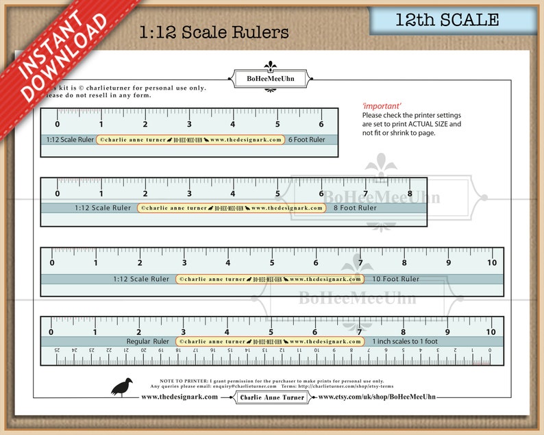 1 to 12 Scale Pretty Rulers. 9 Different Styles. Inches. Scaled 1:12 ...