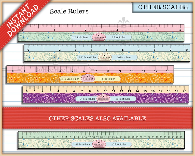 1 to 12 Scale Pretty Rulers. 9 Different Styles. Inches. Scaled 1:12 ...