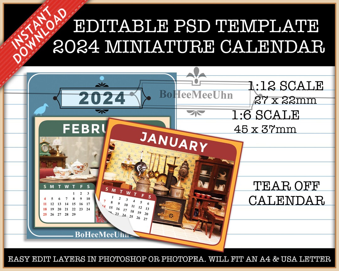 2024 Miniature Dolls Tear off Calendar. Easy Editable Layers - Etsy