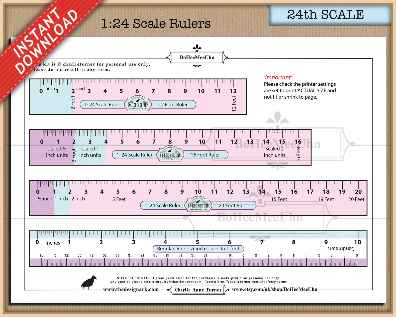 1 to 24 Scale Pretty Rulers. 9 Different Styles. Inches. Scaled 1:24 ...