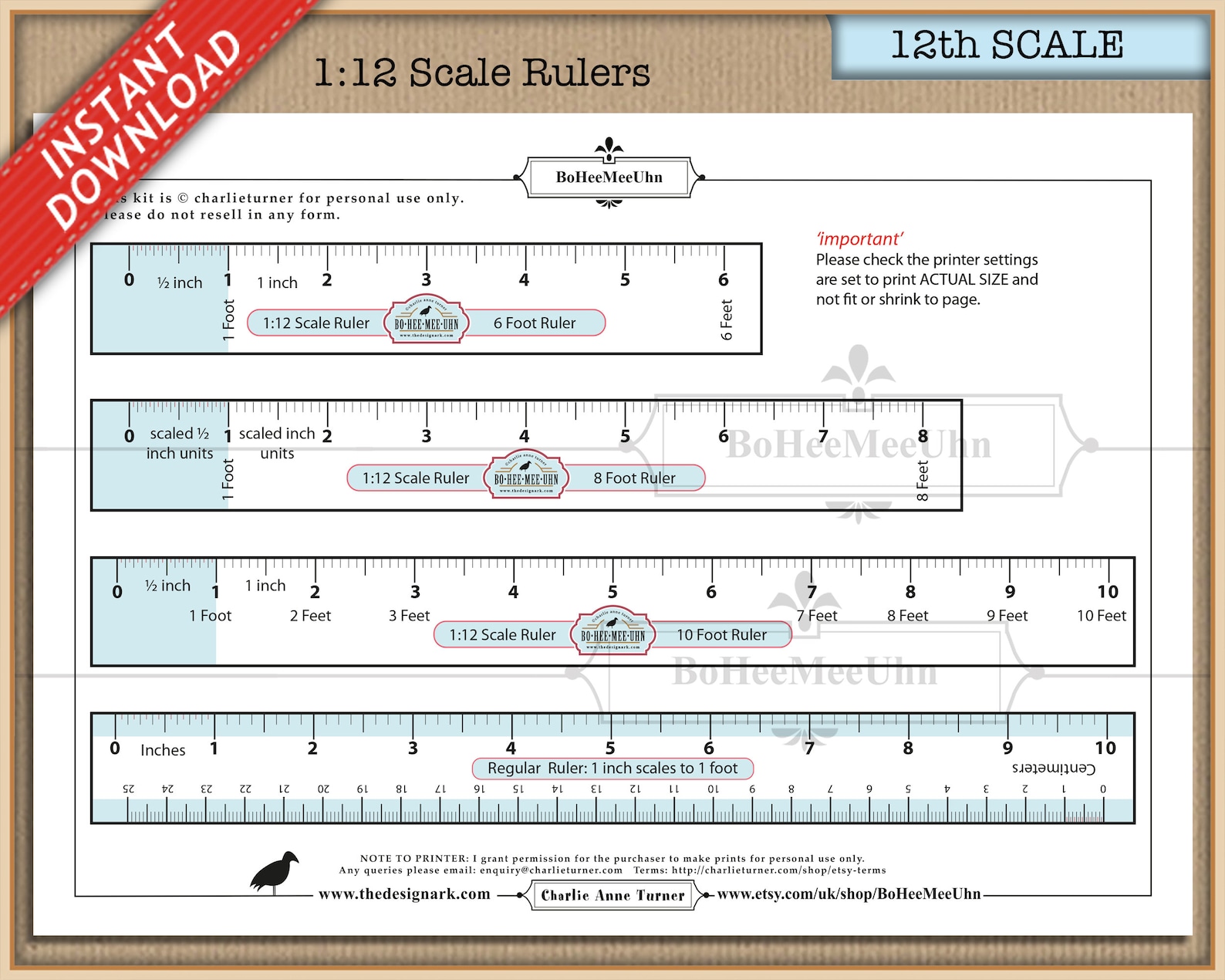 1 to 12 Scale Pretty Rulers. 9 Different Styles. Inches. Scaled 1:12 ...