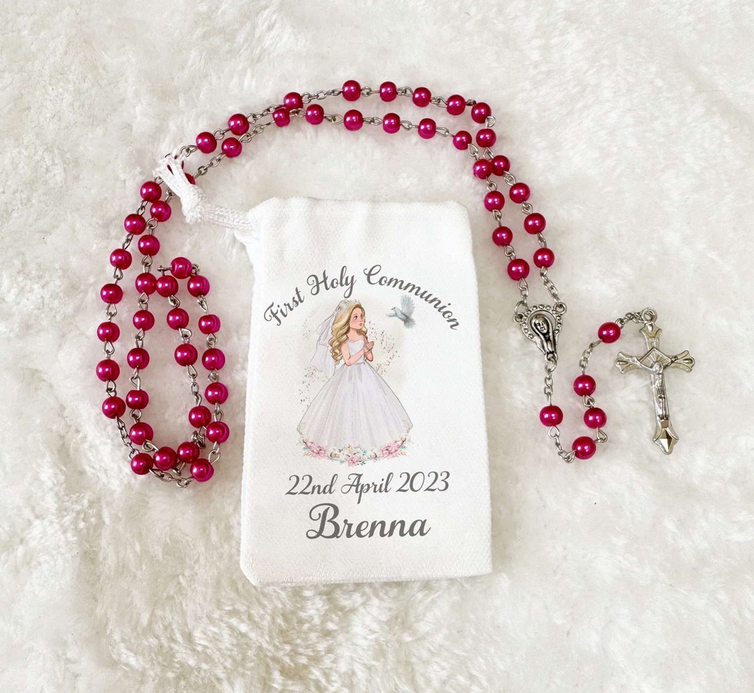 Holy Communion Rosary Beads/dark Pink Beads With Personalised Pouch ...