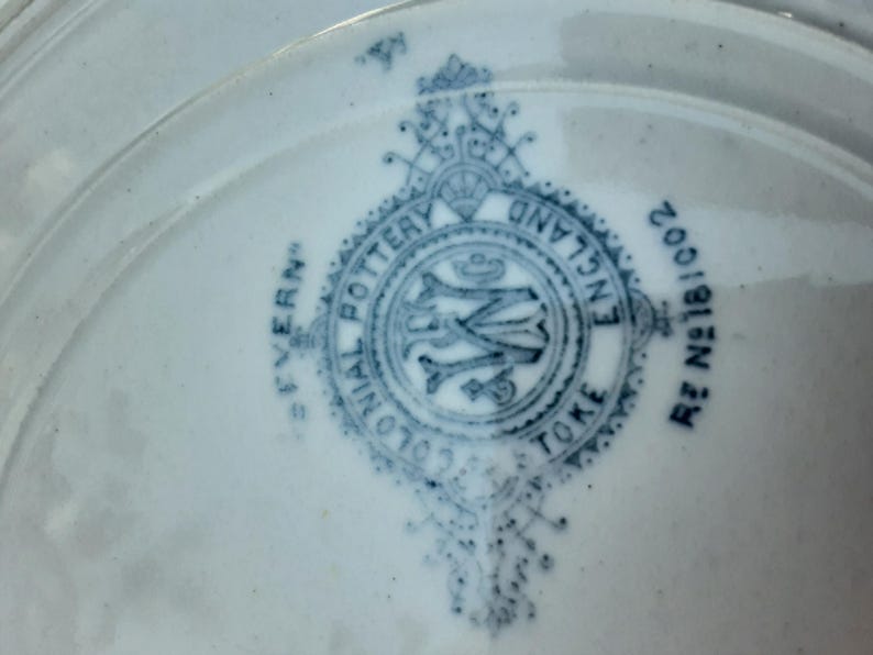 Two Colonial Pottery, Severn Patterned, Teal Tranferware Dinner Plates ...