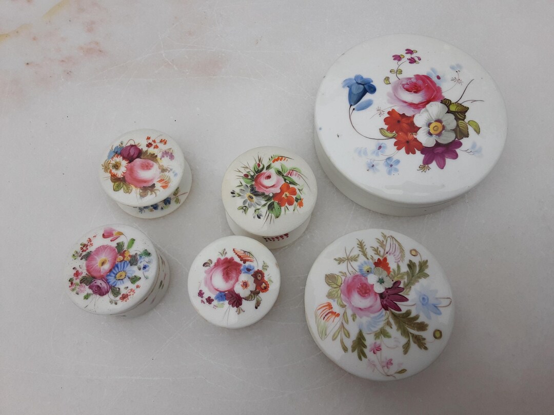 A Set (6) of Antique Paste/ointment/cream Jars With Lids, Hand Enameled ...