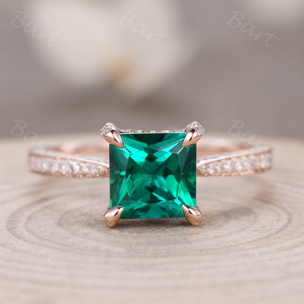 Emerald Ring Princess Cut Green Stone Ring White Gold Engagement - Etsy
