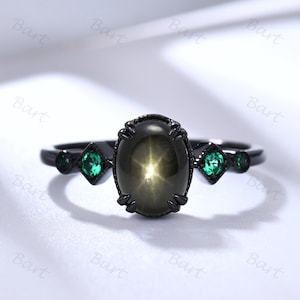 Natural Black Star Sapphire Diopside Ring Black Gold, Oval Black Star Emerald Ring, 6 Rays Star ...