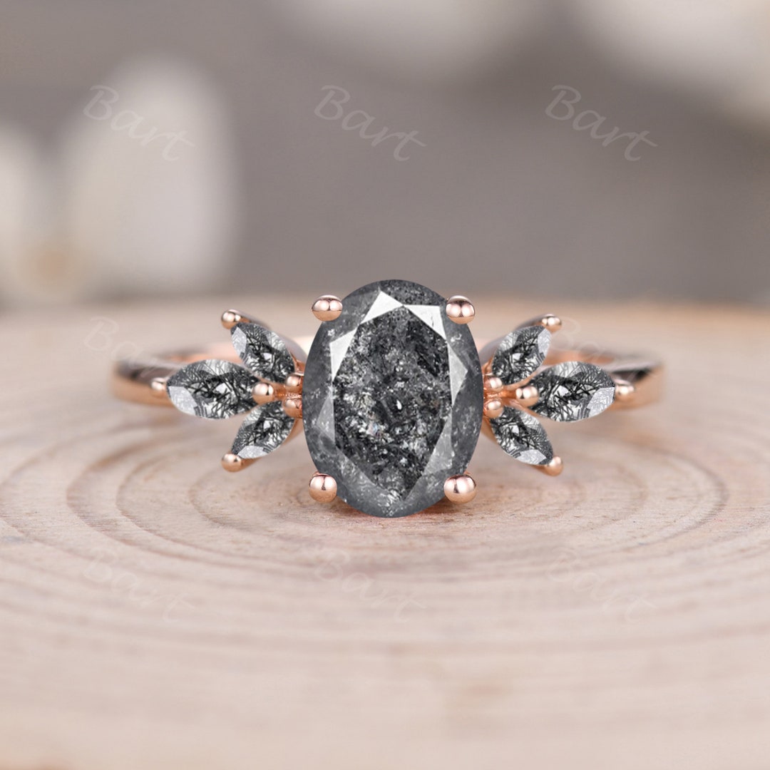 Modern 1.3ct Oval Salt and Pepper Diamond Ring, Rose Gold Cluster ...