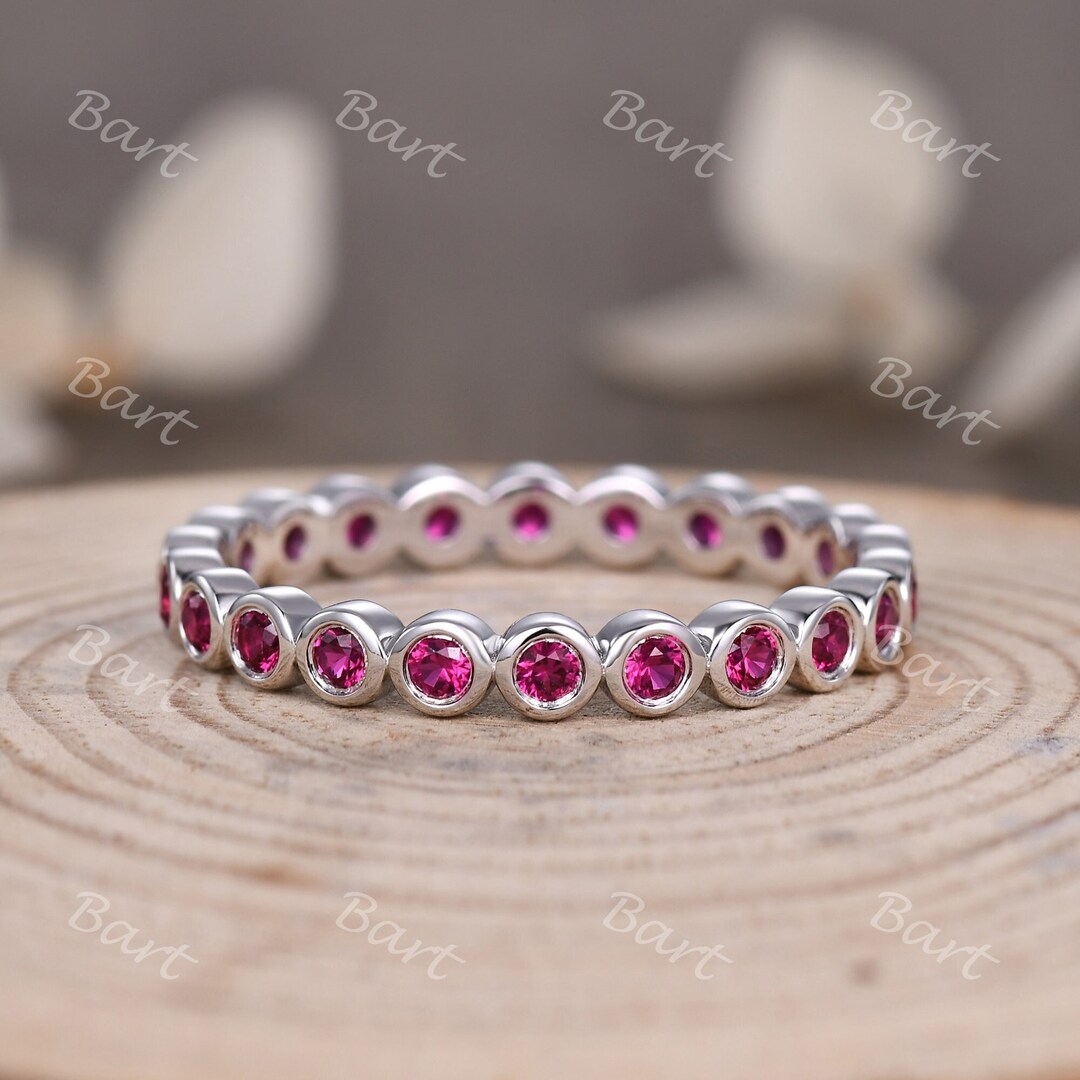 Lab Ruby Full Eternity Ring 1.5m Round Dark Ruby White Gold Bubble Band ...