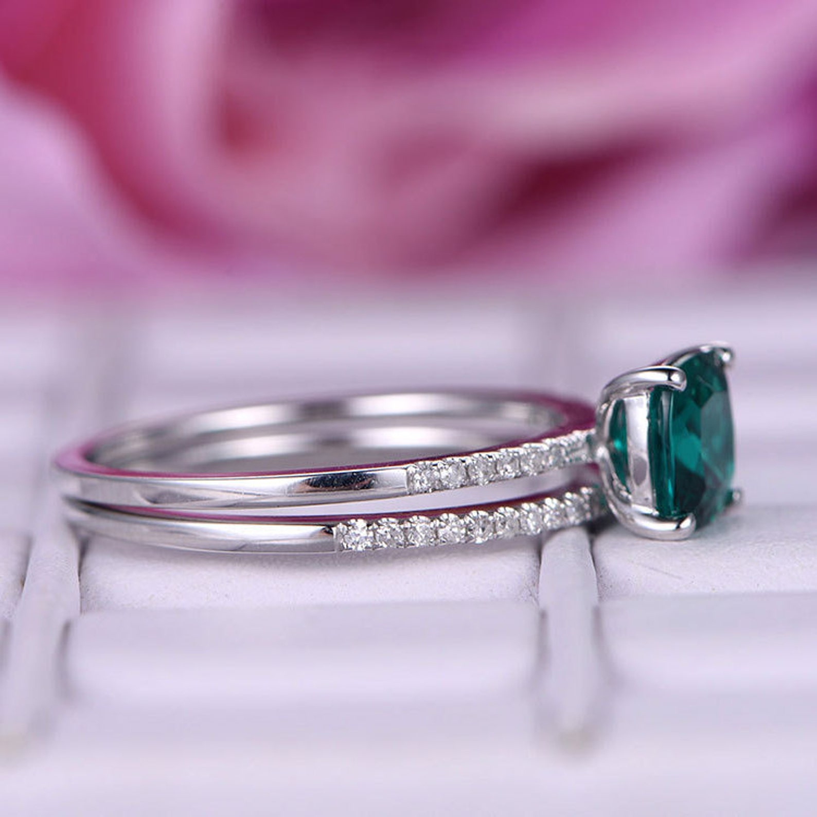 6mm Cushion Cut Emerald Engagement Ring Set/14k White | Etsy