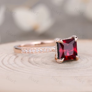 Rose Gold Princess Cut Garnet Statement Ring, Tapered Pave Natural ...