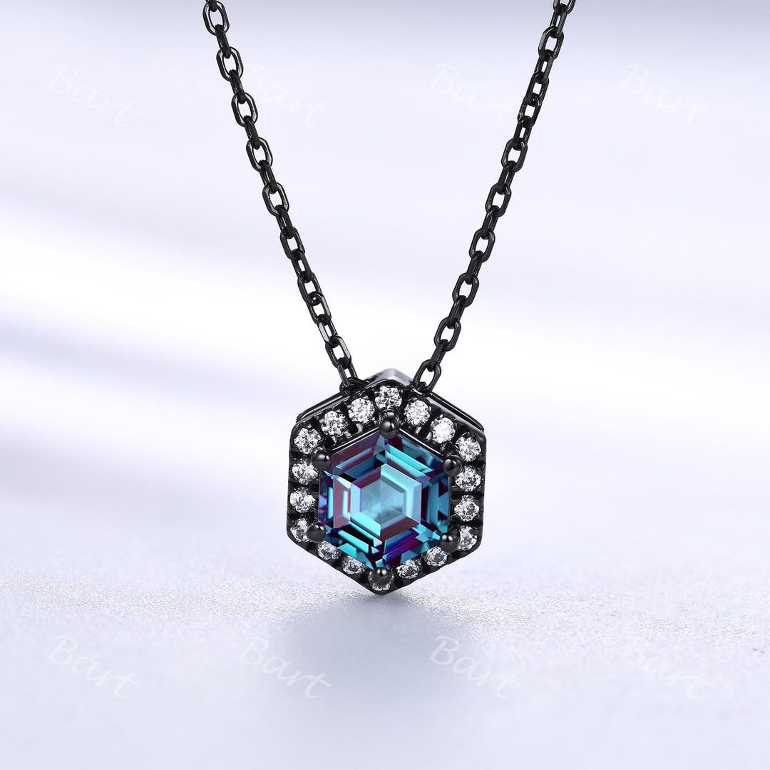 Hexagon Alexandrite Black Gold Bridal Necklace Diamond Halo 5mm Hexagon ...