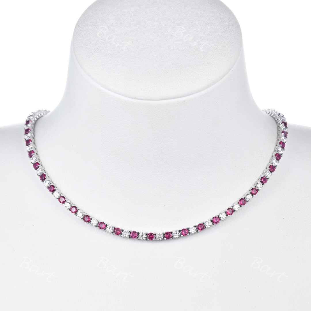 3mm CZ Diamond Ruby Tennis Necklace Silver Ruby July Birthstone Wedding Jewelry Dainty White ...