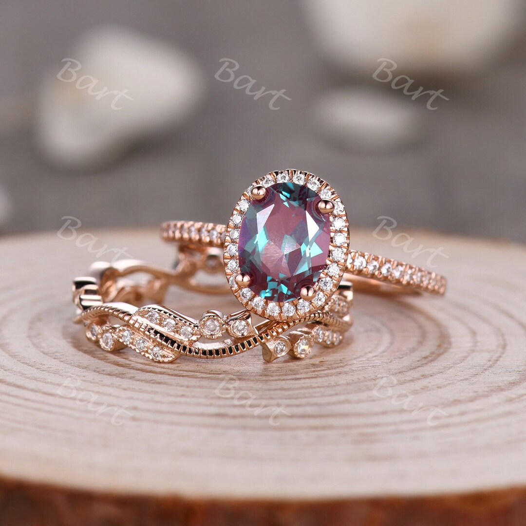 Alexandrite Ring Set Unique Bridal Set Alexandrite Engagement Ring Set ...