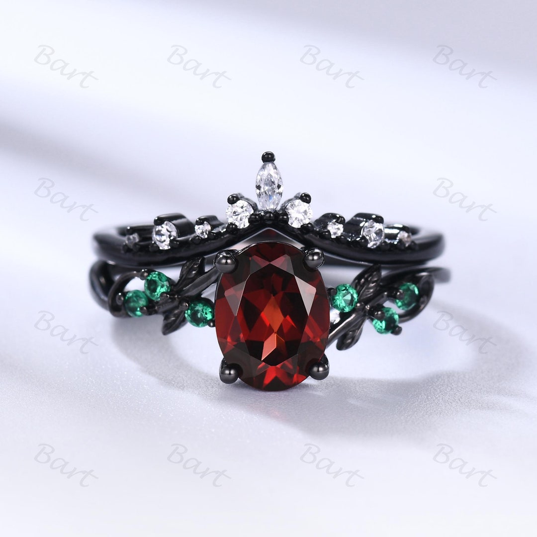 Rhodium Black Gold Oval Garnet Ring, Punky Style Black Ring,emerald ...