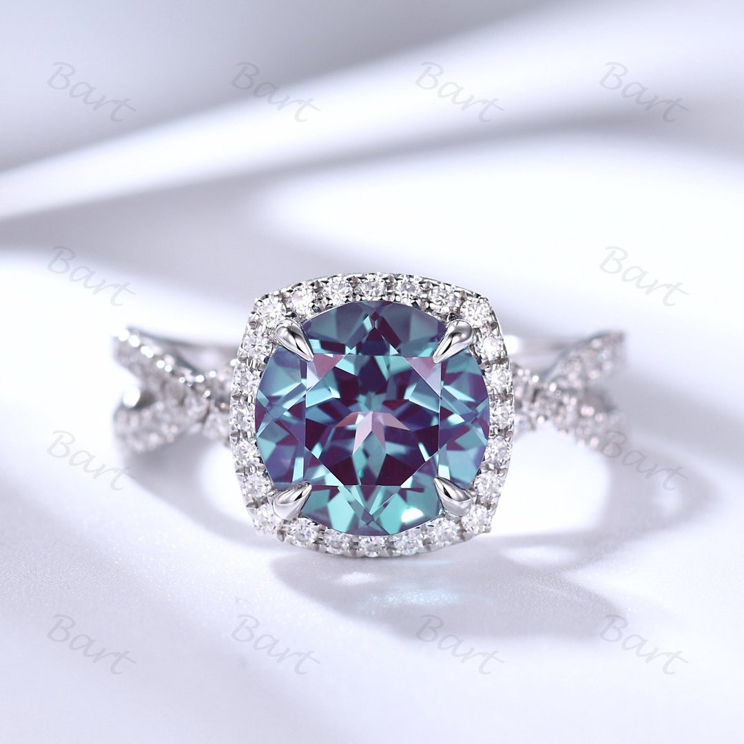 8mm Round Alexandrite Halo Moissanite Engagement Ring Unique Twisted ...