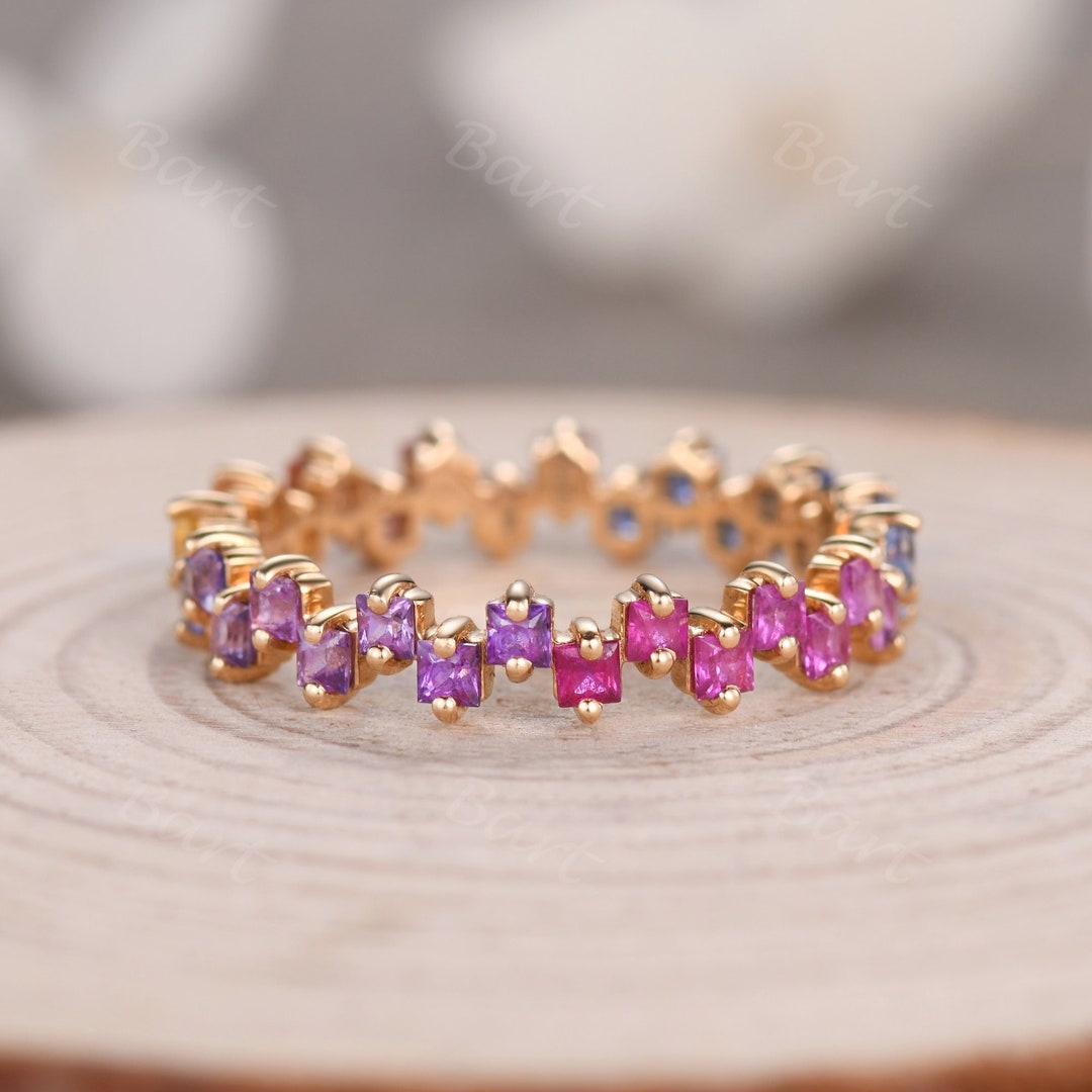 Multicolor Princess Cut Staggered Rainbow Sapphire Ring 14K Gold ...