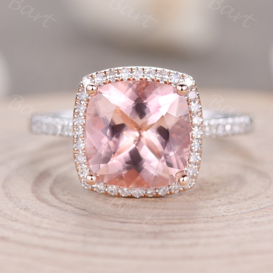 3CT Cushion Morganite Ring 14K Rose Gold Diamond Halo Ring Morganite Engagement Stacking Ring ...