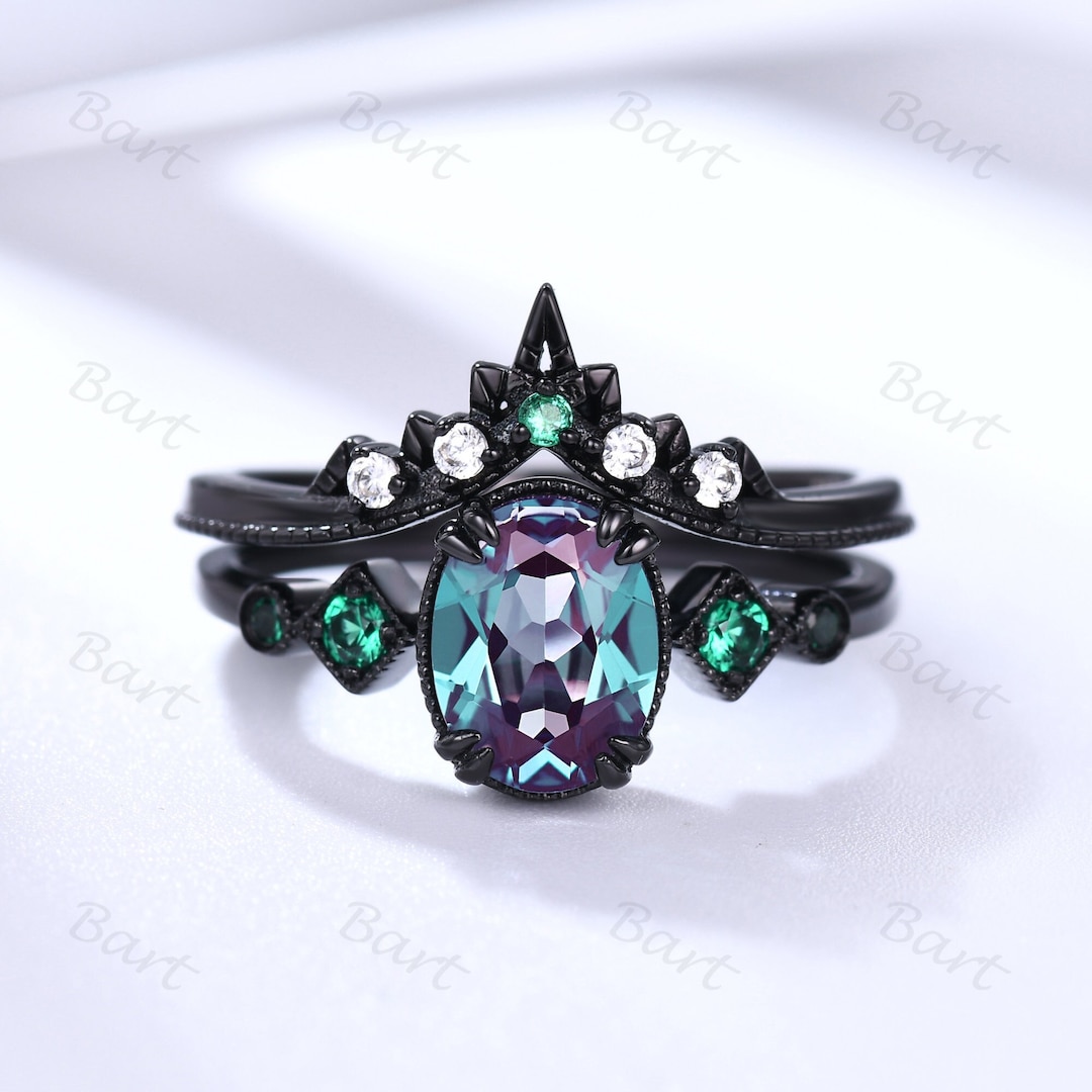 Black Gold Alexandrite Ring Set, Color Change Alexandrite Engagement ...