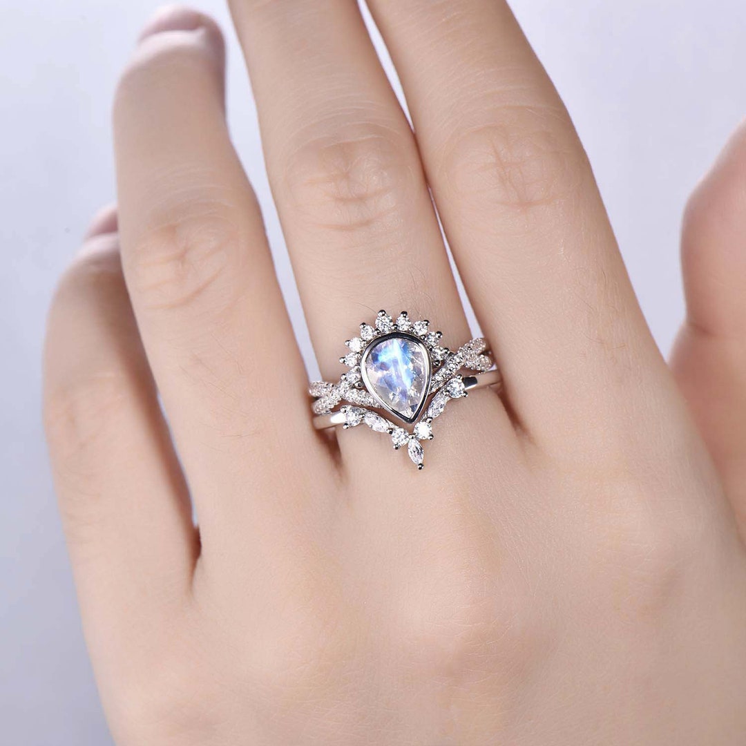 Moonstone Engagement Ring Set,pear Shaped Moonstone Ring,curved Shaped ...