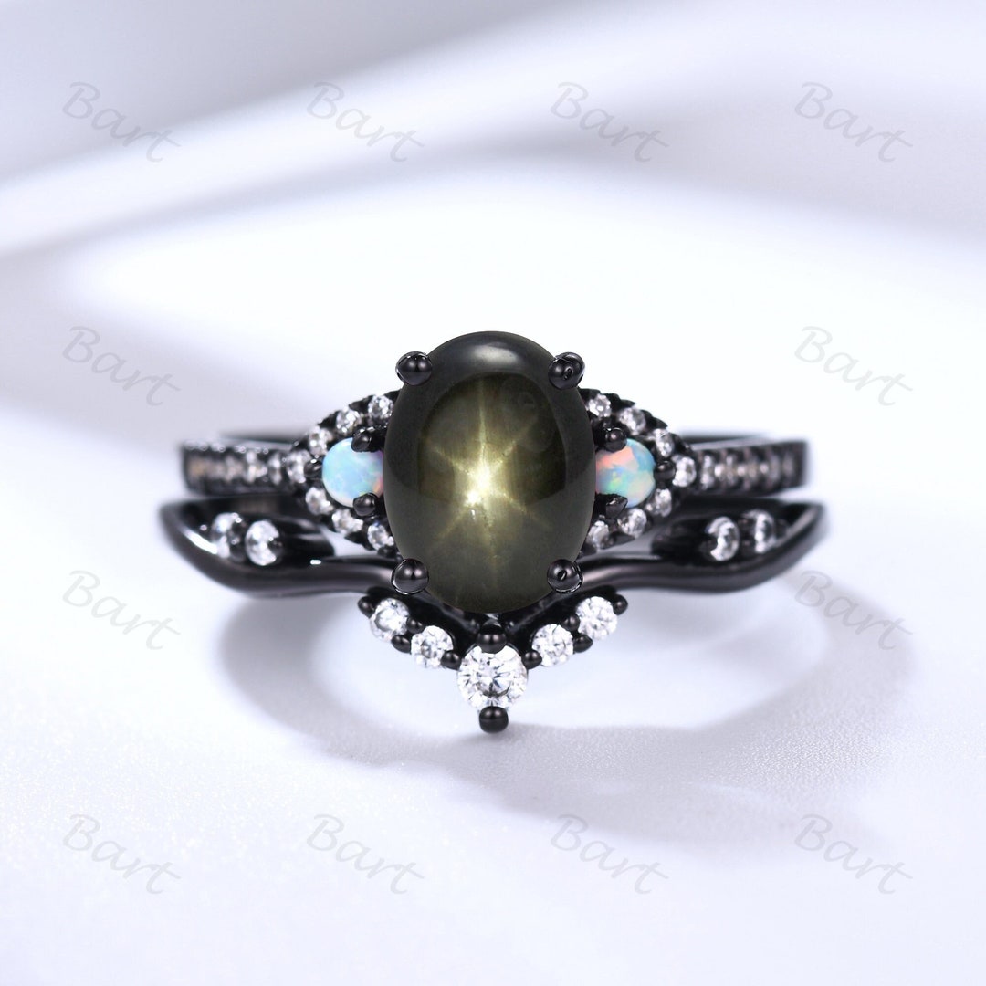 3-stone Black Star Sapphire Opal Ring Set, Black Gold Gothic Black Gold ...