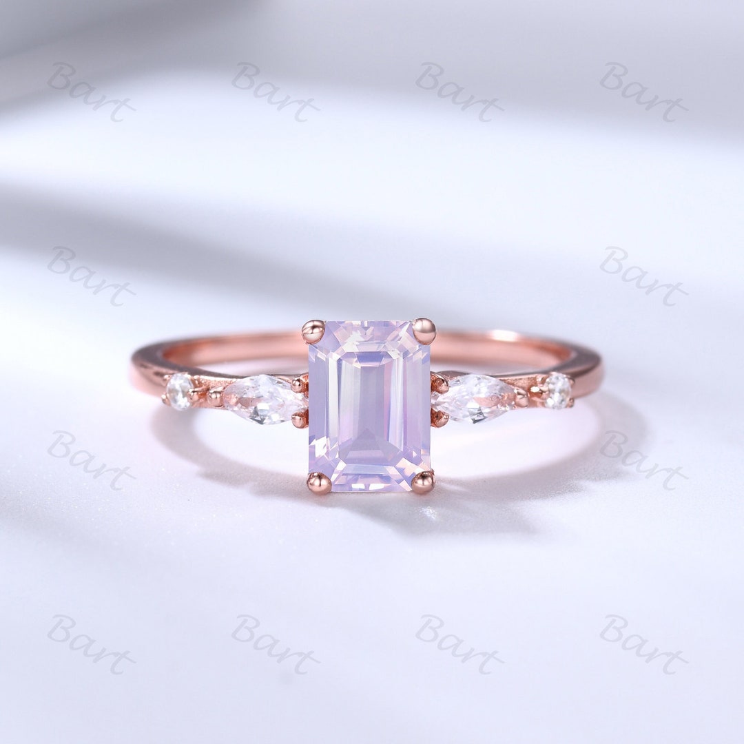 14K Rose De France Amethyst, Emerald Cut Lavender Amethyst Ring, Five Stone Emerald Cut Amethyst ...