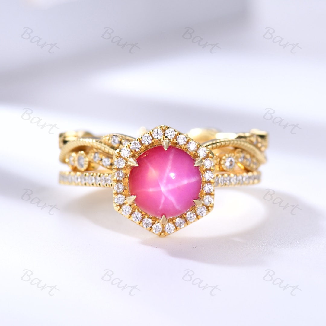 Pink Star Sapphire Engagement Ring Set: 14k Yellow Gold Halo Diamond ...