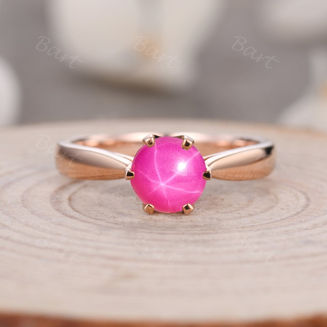 6 Rays Cabochon Pink Star Sapphire Round Cut Ring, Solitaire Pink Lindy ...